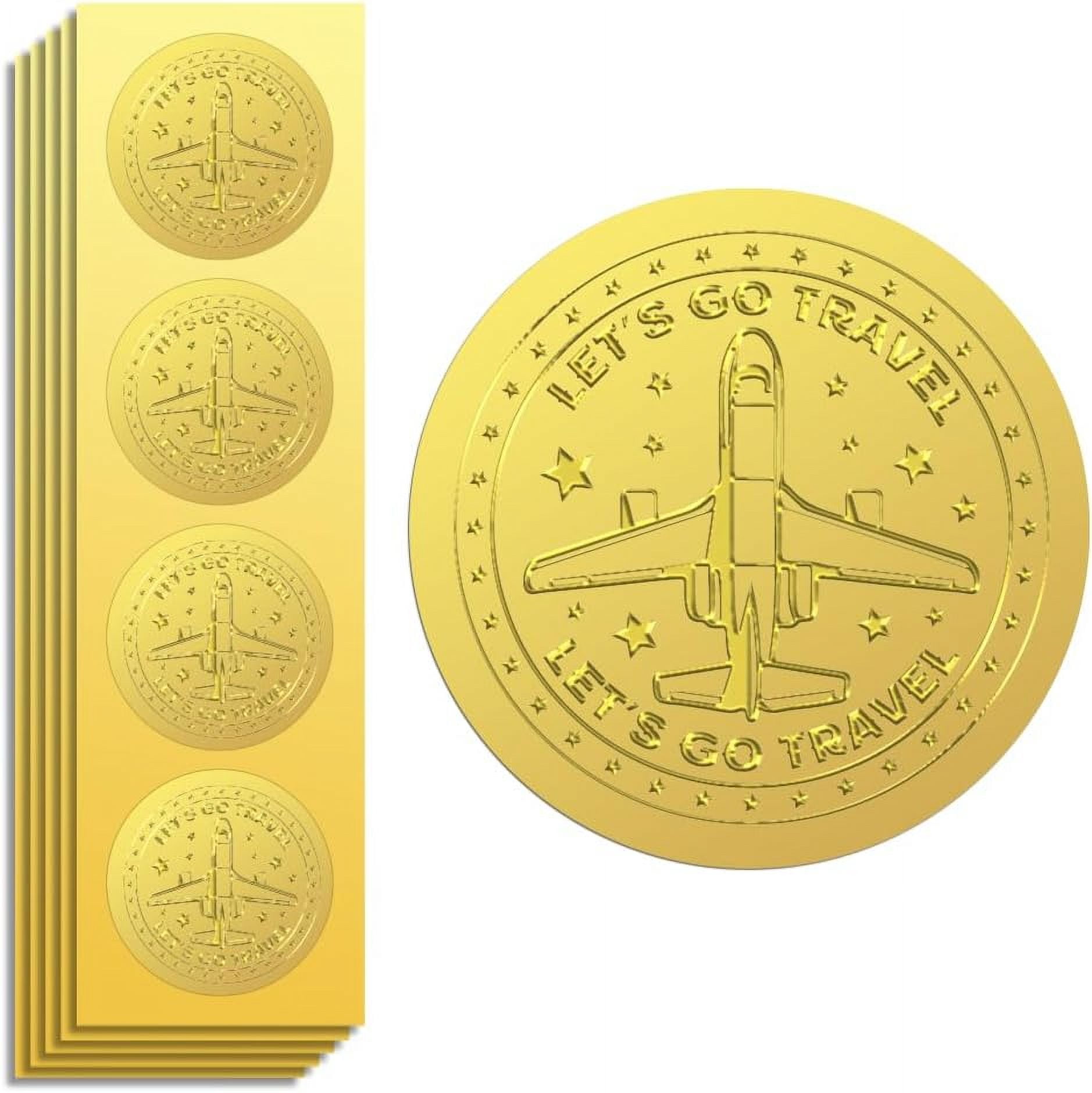 Gold Foil Stickers Seals Embossed Airplane with Let's go Travel 2 Inch ...