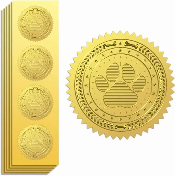Gold Foil Stickers Seals Embossed Dog Paw 2 Inch 100Pcs Self Adhesive ...