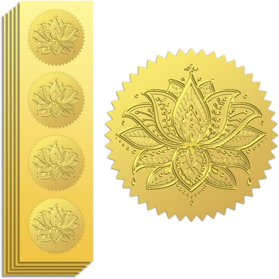 Gold Foil Stickers Seals Official Embossed Lotus 2 Inch 100Pcs Self ...