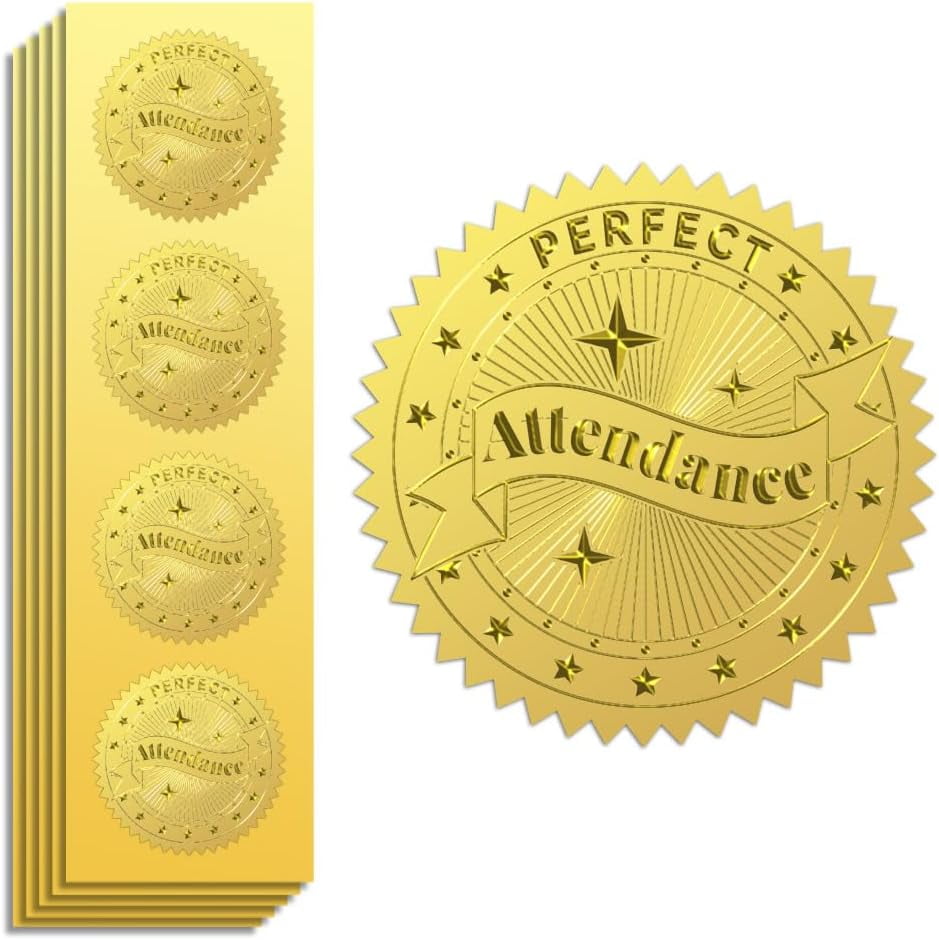 Gold Foil Stickers Seals Official Embossed Perfect Attendance 2Inch ...