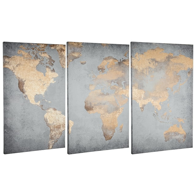 Gold Foil World Map Set of 3 Wrapped Canvas Prints - Walmart.com