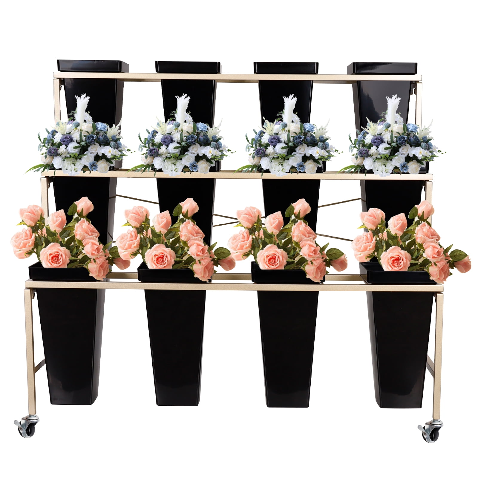 Gold Foldable Flower Display Stand with 12 Black Buckets, 3-Tier Metal ...