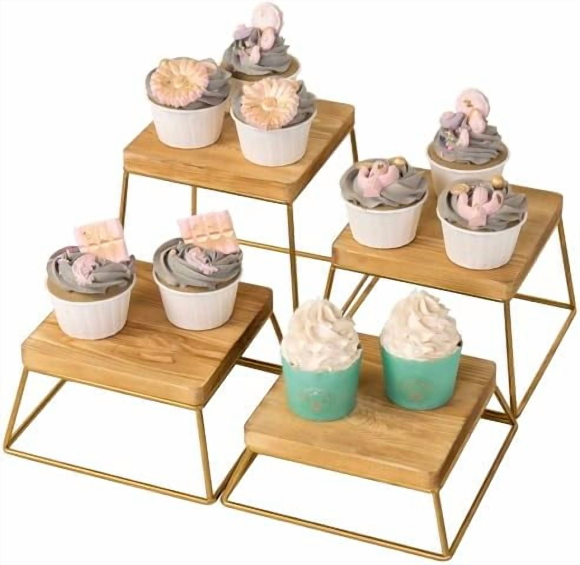 Gold Food Risers for Display Party, 4-Piece Wood Square Buffet Dessert ...