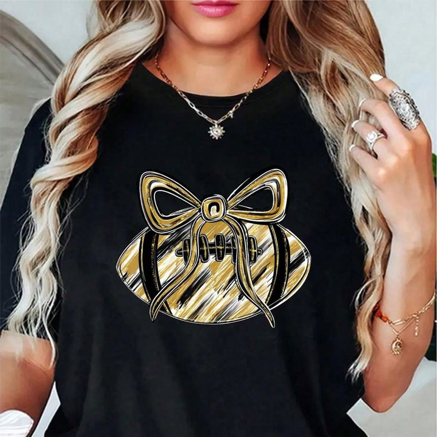 Gold Football Coquette B1Ow Game Day Touchdown SeaS1on T-S1Hirt ...