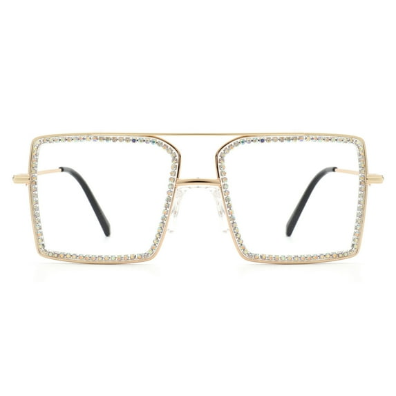 Gold Frame Square Eyeglasses with Colorful Rhinestones, Clear Lens ...
