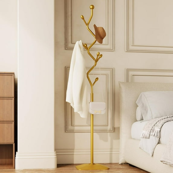 Gold Freestanding Coat Hanger Stand - 8-Hook Metal Tree Design, Sturdy ...