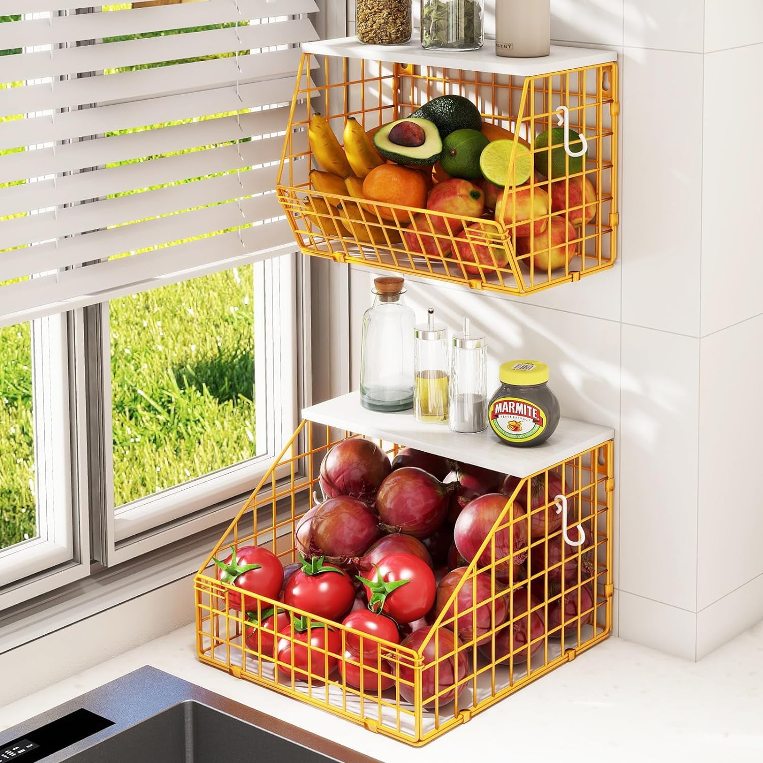 Gold Fruit Bowl, Kitchen Storage, 2 Tier Stackable Metal Countertop ...
