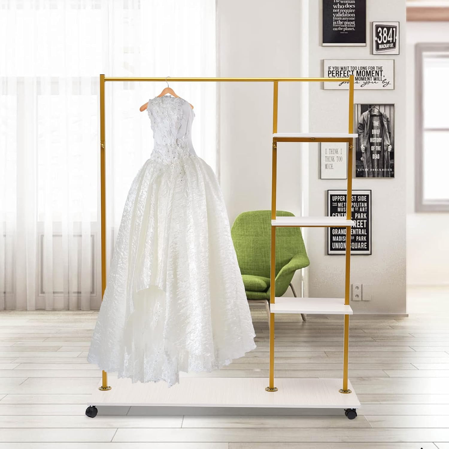 Gold Garment Rack Stand Iron with Universal Wheel and Shelves Square ...