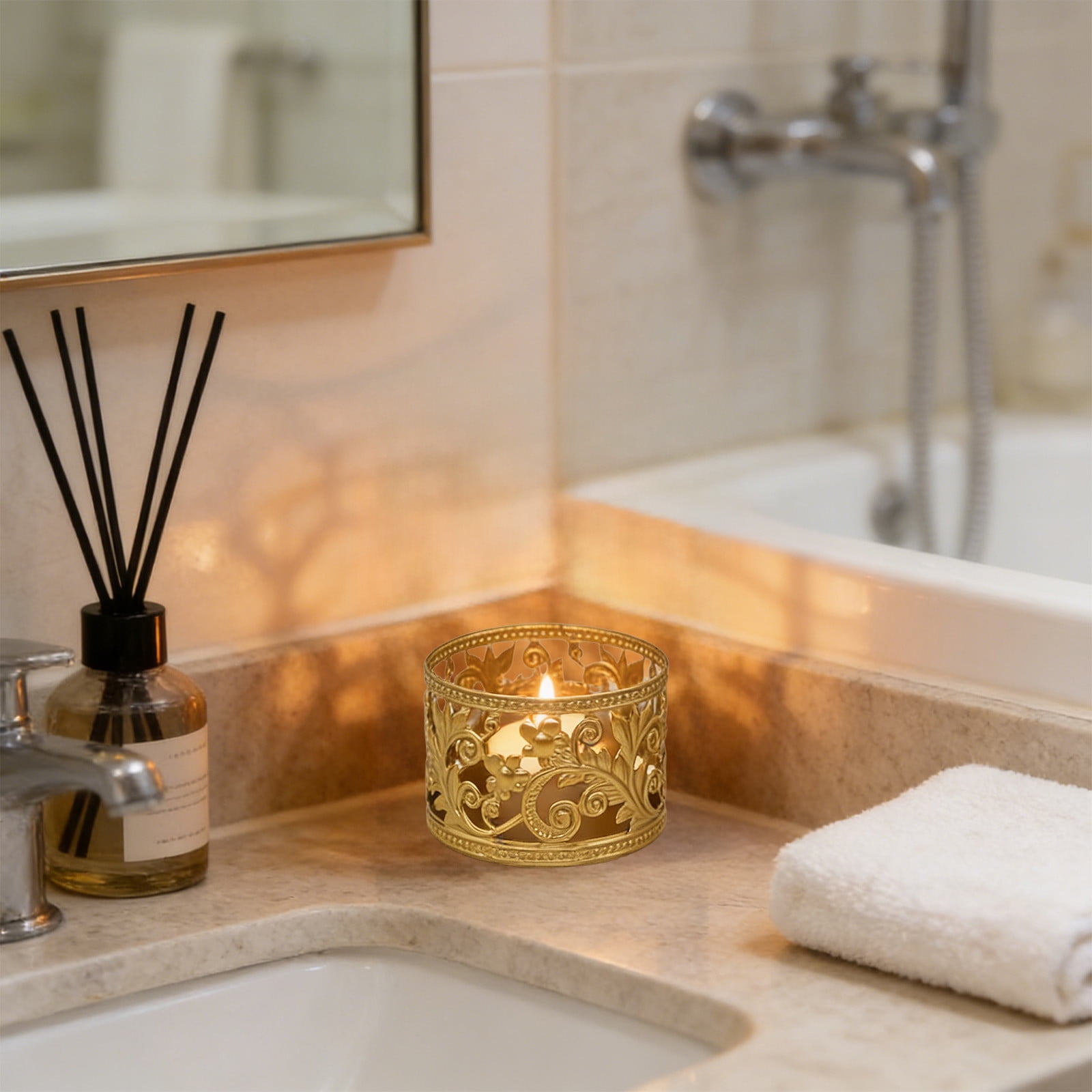 Gold Geometric Iron Candlestick - Openwork Scented Home Decor for ...