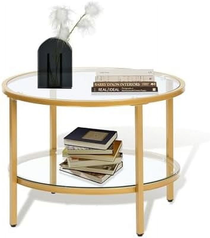 Gold Glass Coffee Table, 25.6 Inch Round Coffee Table, 2-Tier Open ...
