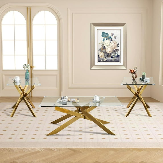 Gold Glass Coffee Table and End Table Set of 3, Coffee Table Set with ...