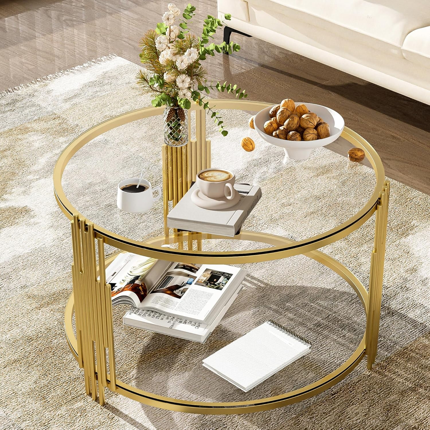 Gold Glass Coffee Table Round Modern Living Room Table, Luxury ...