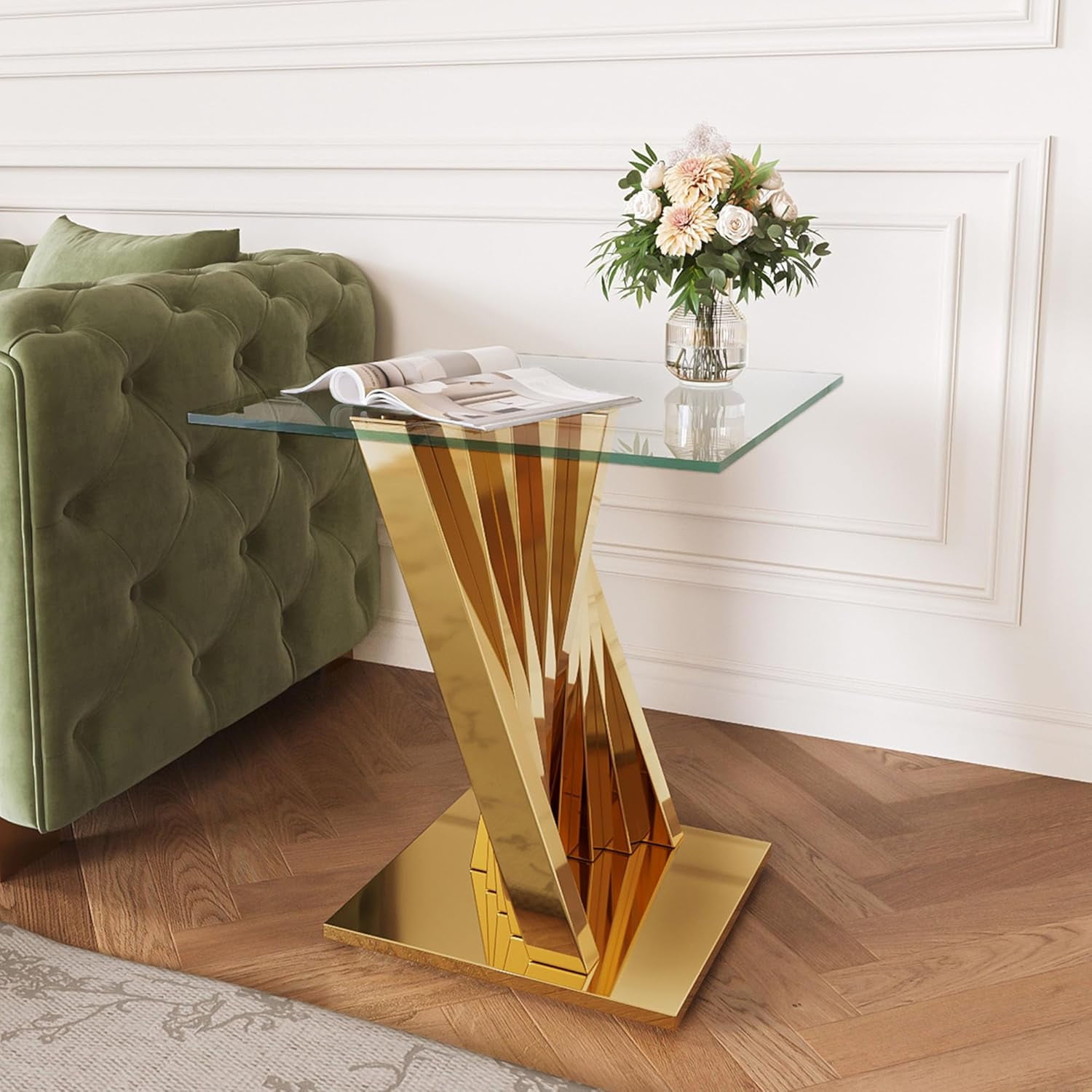 Gold Glass End Table with Mirror Finish Stainless Steel Pedestal ...