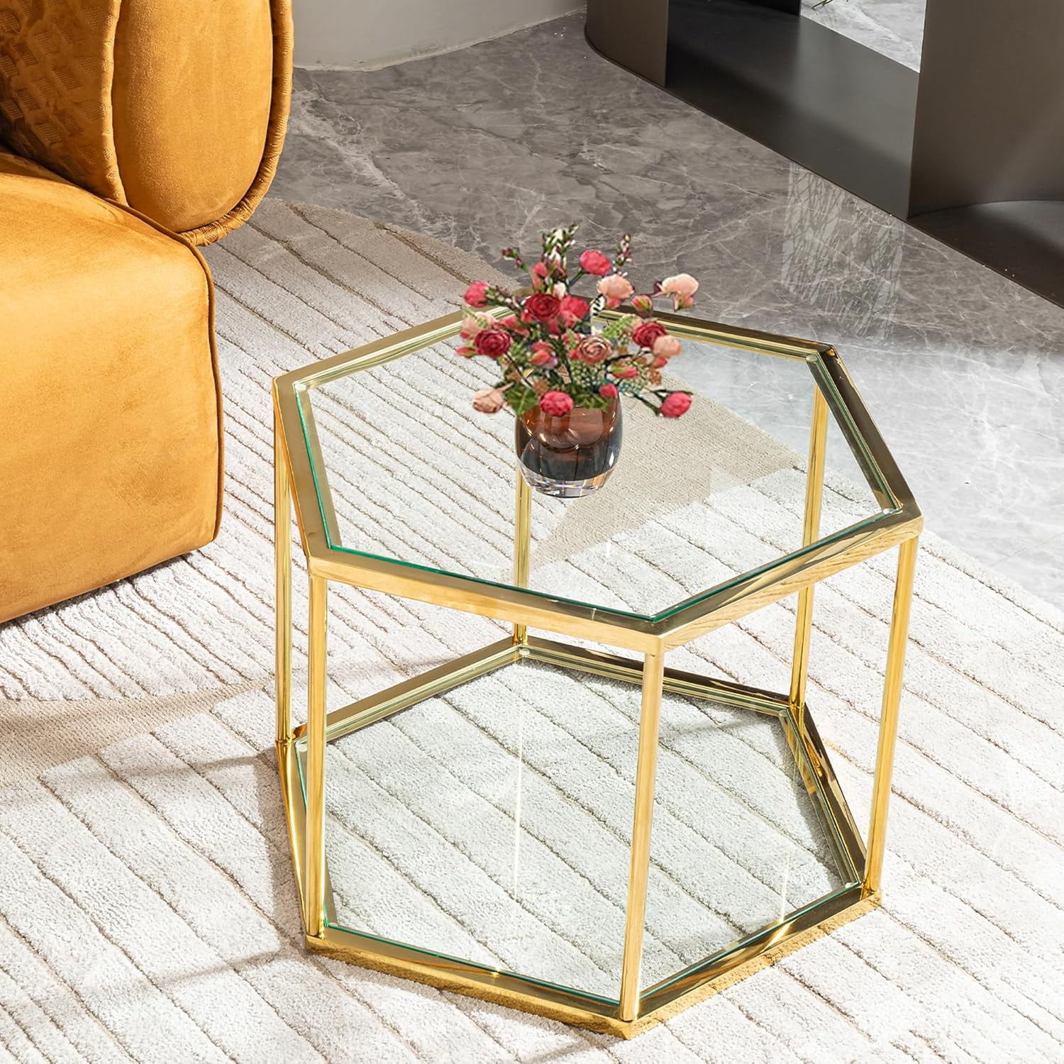 Gold Glass End Table Modern Living Room Table Hexagonal Sofa Side Table ...