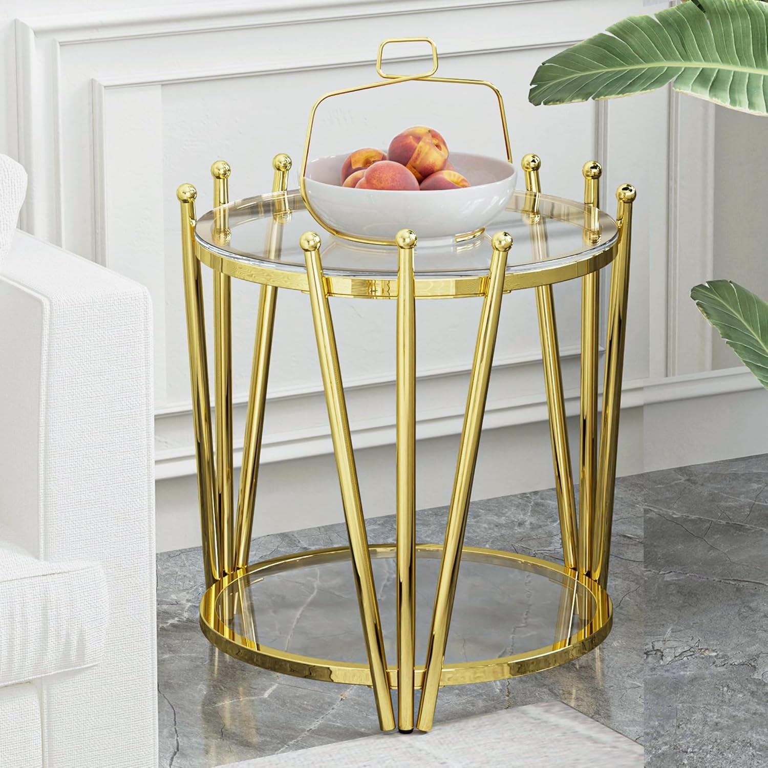 Gold Glass End Table Round 19.7" Sofa Side Table for Living Room ...