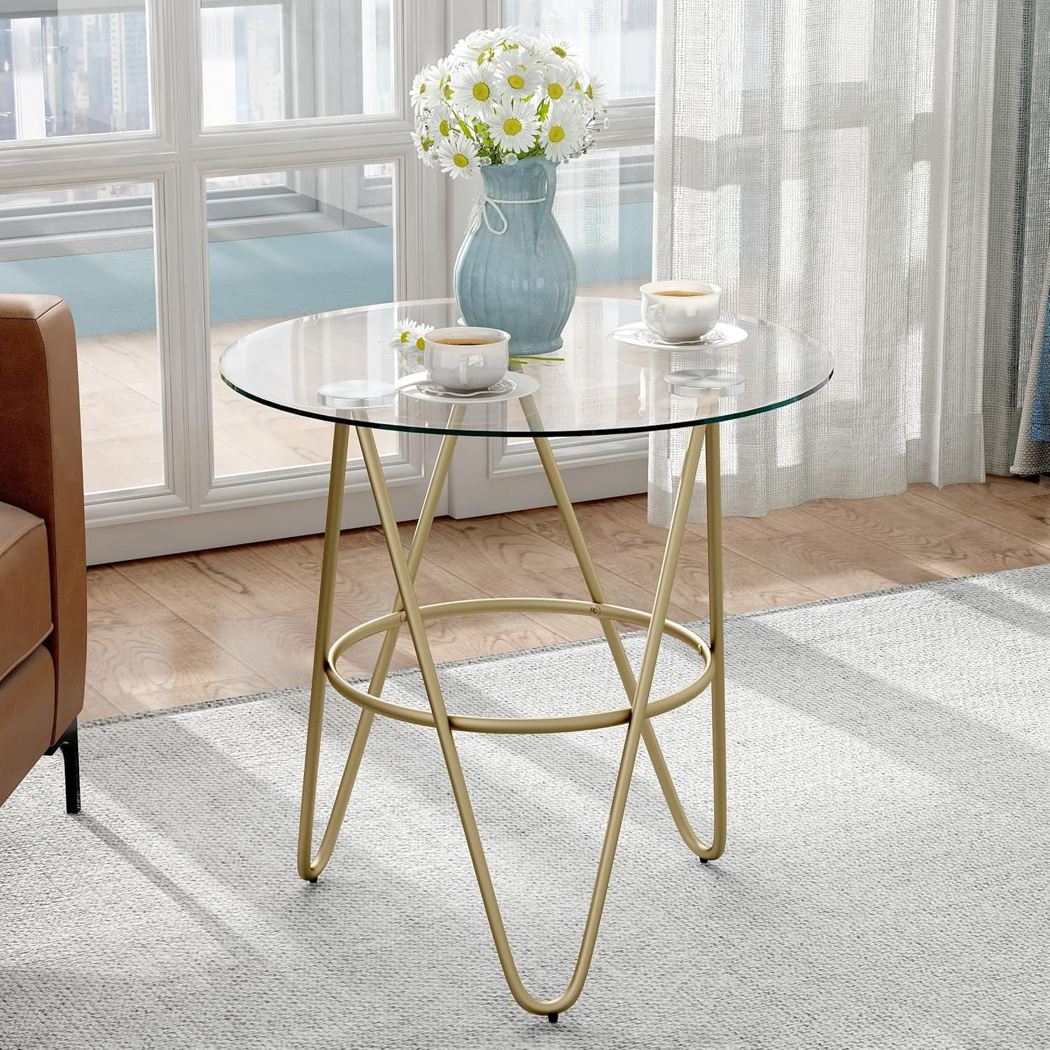Gold Glass End Table, Round Side Table with Storage, Modern Nightstand ...