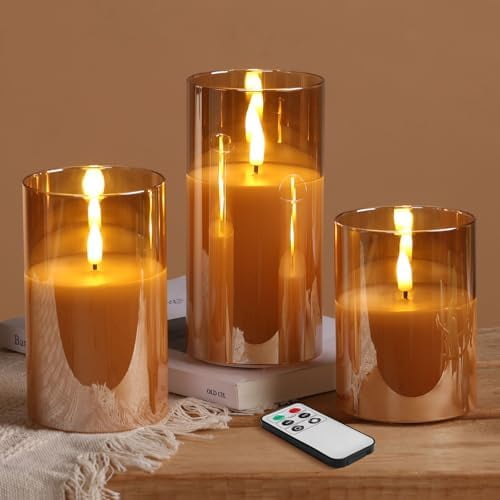 Gold Glass Flameless Pillar Candles with Remote, Flickering Christmas ...