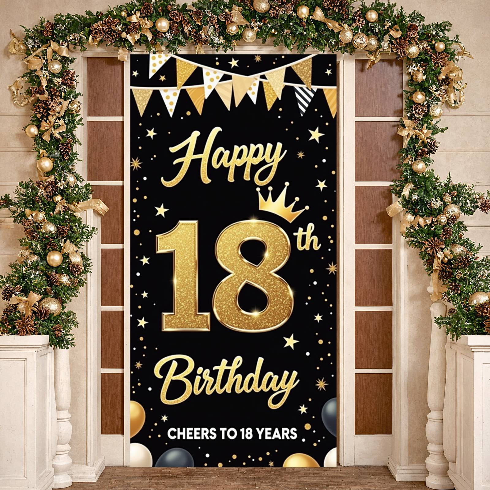 Gold Glitter 18th Birthday Banner Black Background Happy 18th Display ...