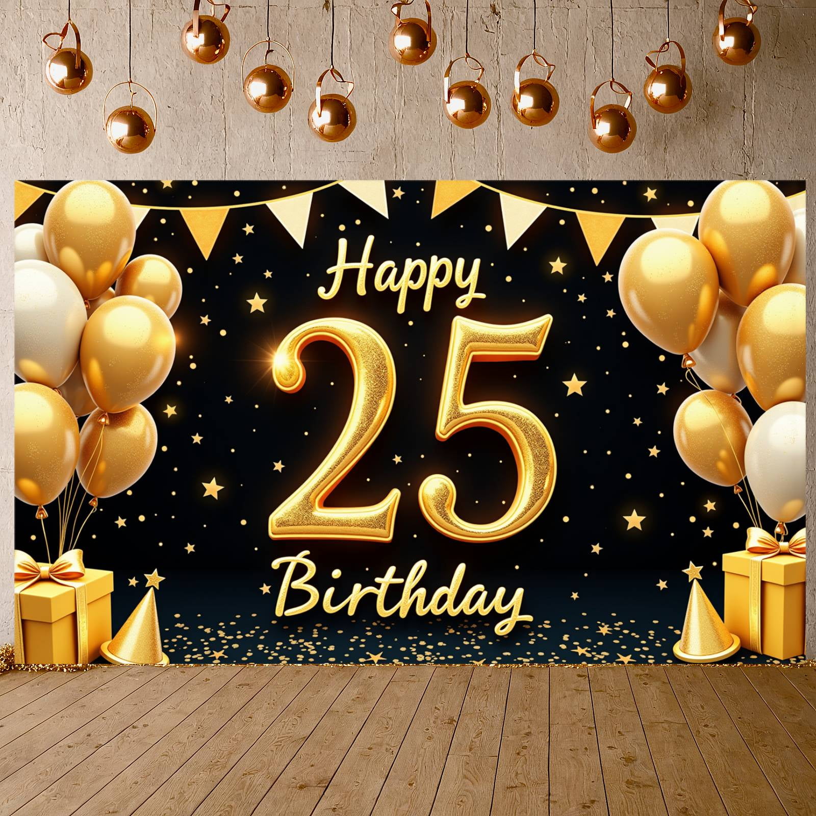 Gold Glitter 25th Birthday Banner Golden Stars Display Balloon Decor ...