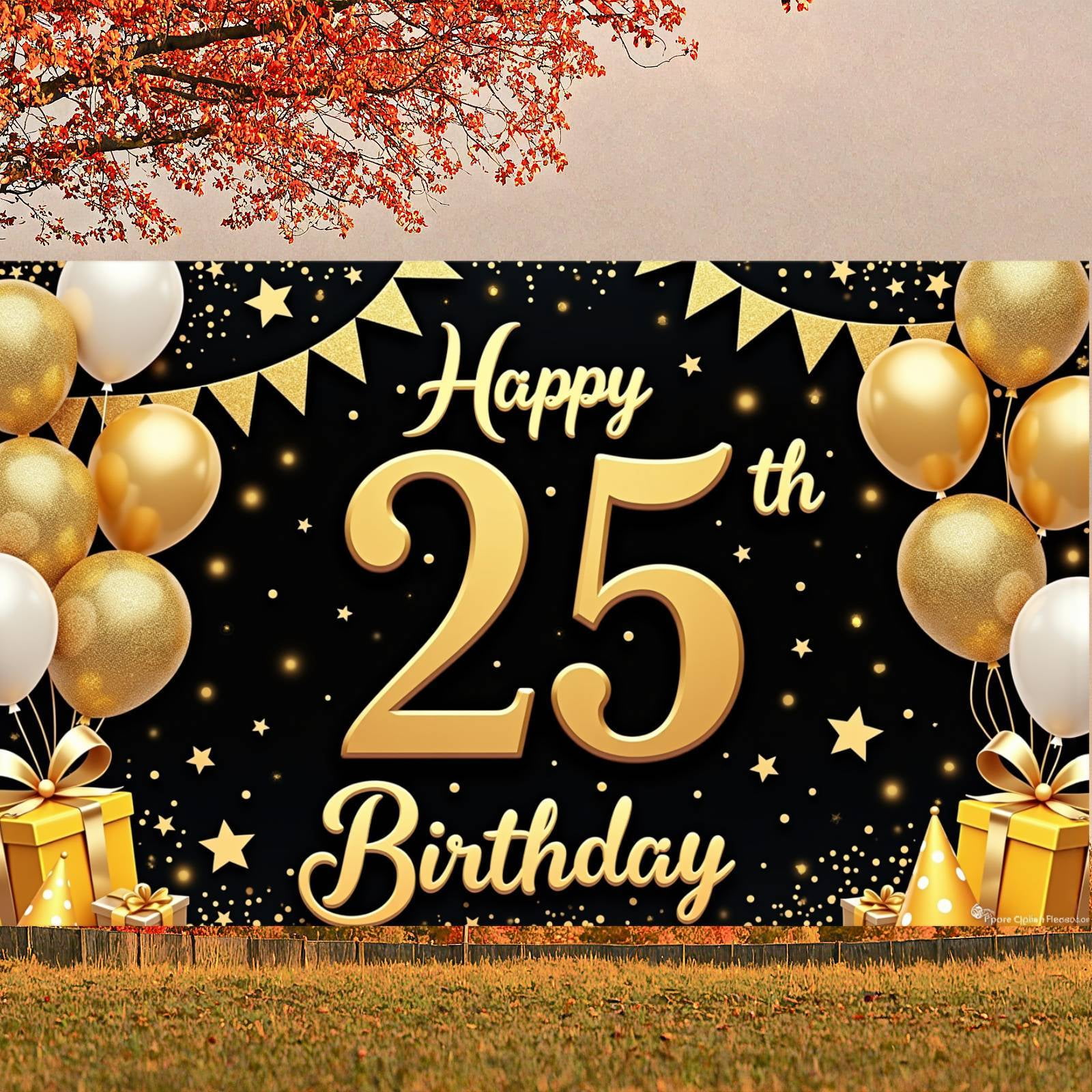 Gold Glitter 25th Birthday Banner Star Pattern Display Golden Balloons ...