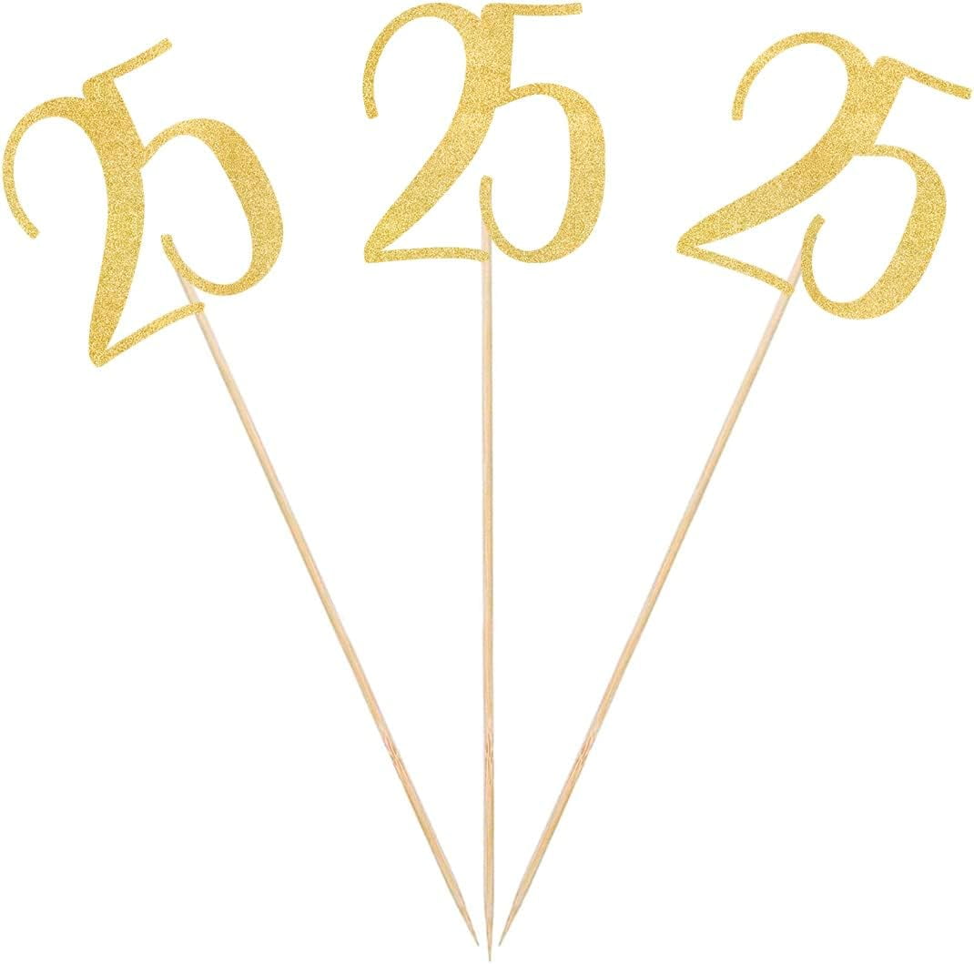 Gold Glitter 25th Birthday Centerpiece Sticks, 12-Pack Number 25 Table ...