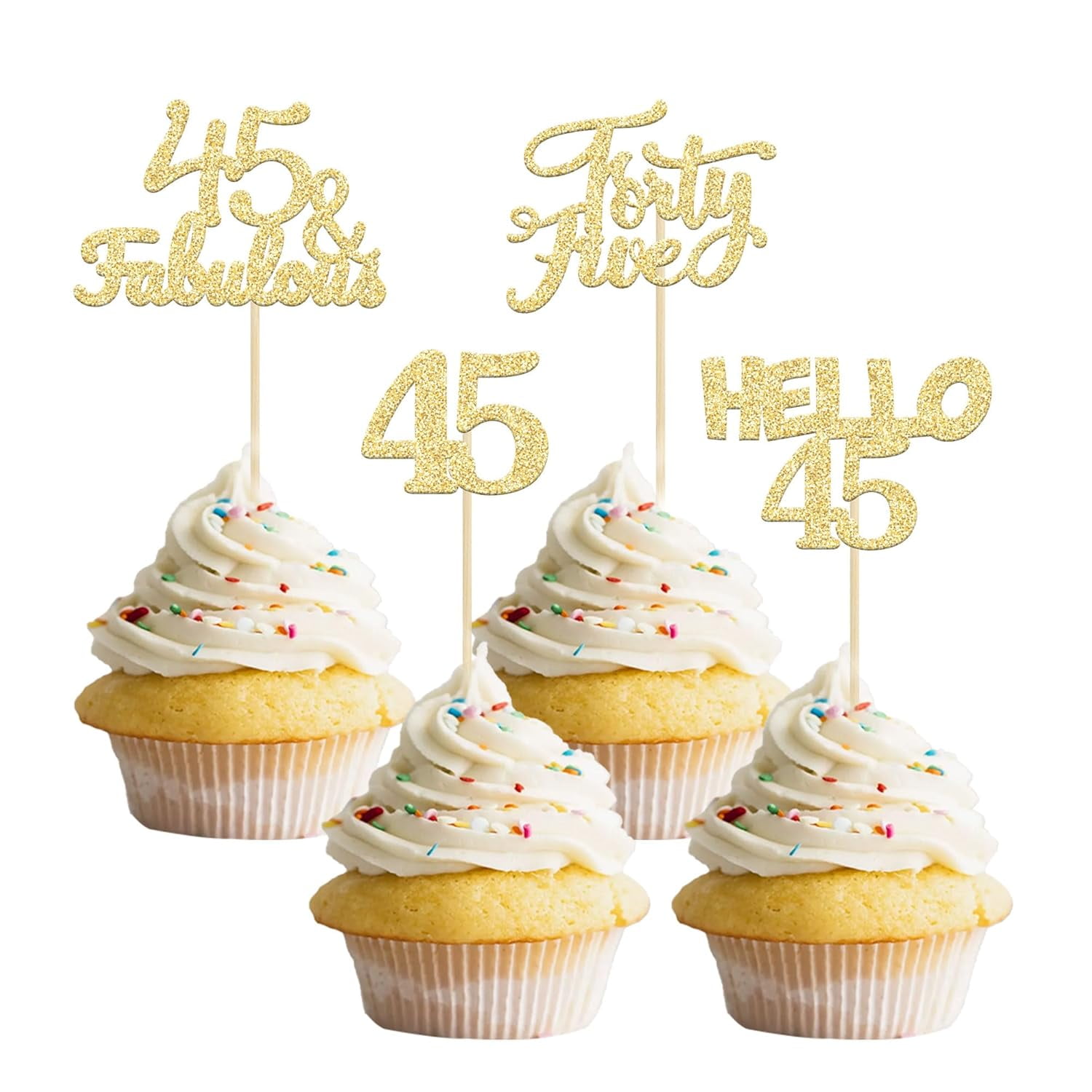 Gold Glitter 45th Birthday Cupcake Toppers Hello 45 Cake Toppers Forty ...