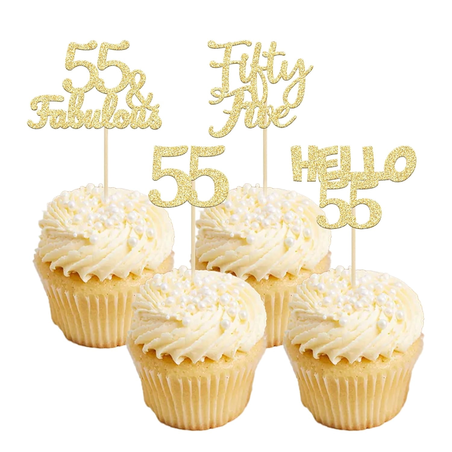 Gold Glitter 55th Birthday Cupcake Toppers Hello 55 Cake Toppers Fifty ...
