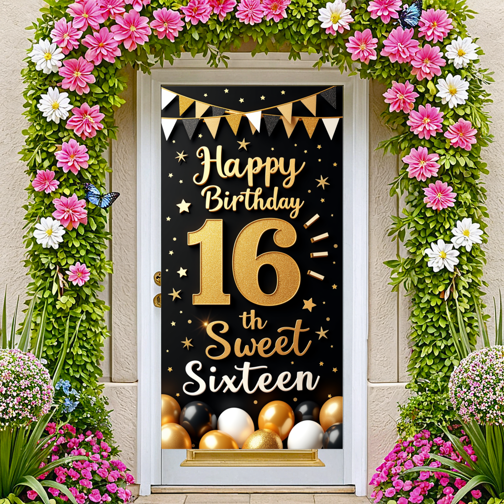 Gold Glitter Banner Sweet Sixteen Decorative Design for Teens Birthday ...
