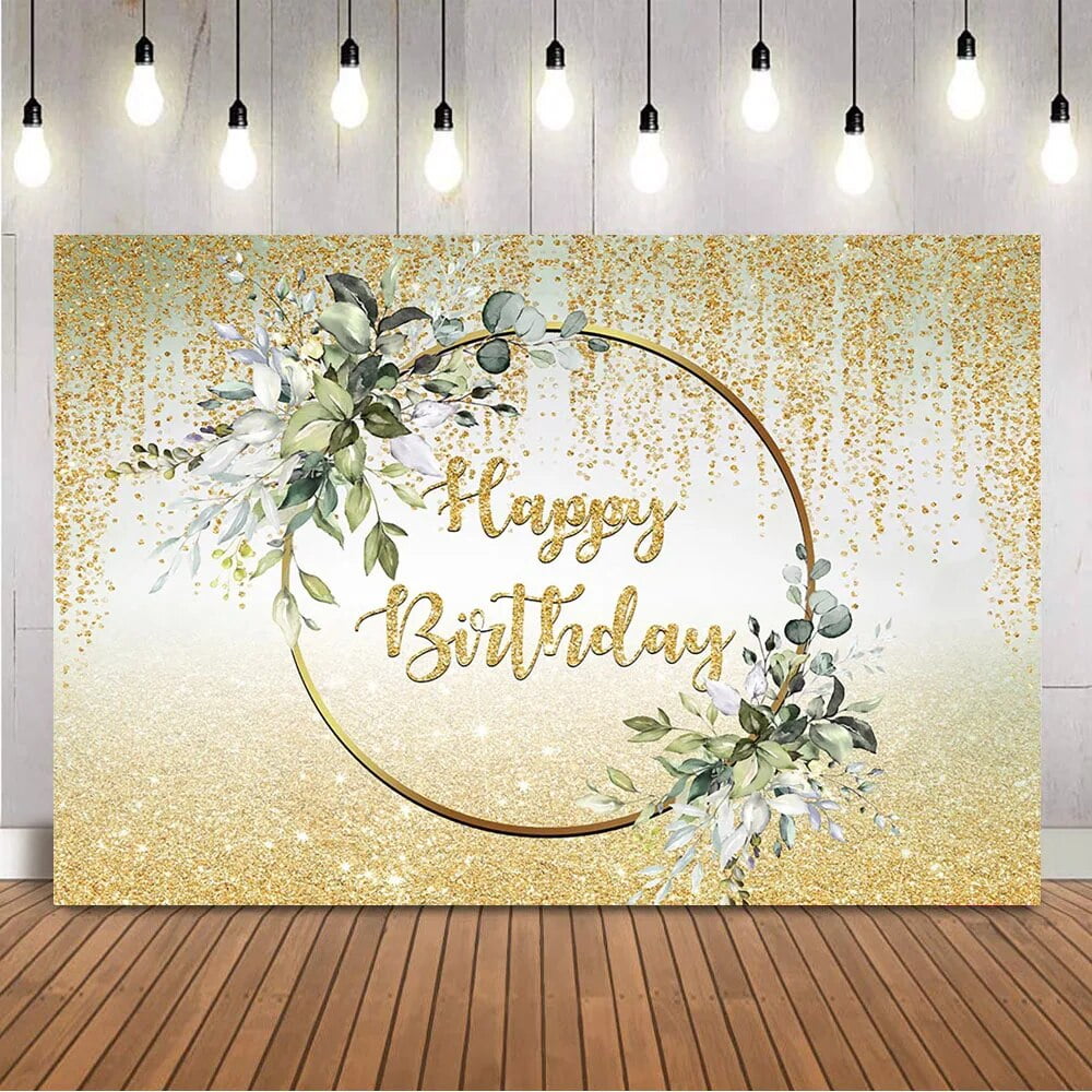 Gold Glitter Birthday Backdrop Adult Theme Greenery Leaves Backgroudn for Photo Studio Customize ...