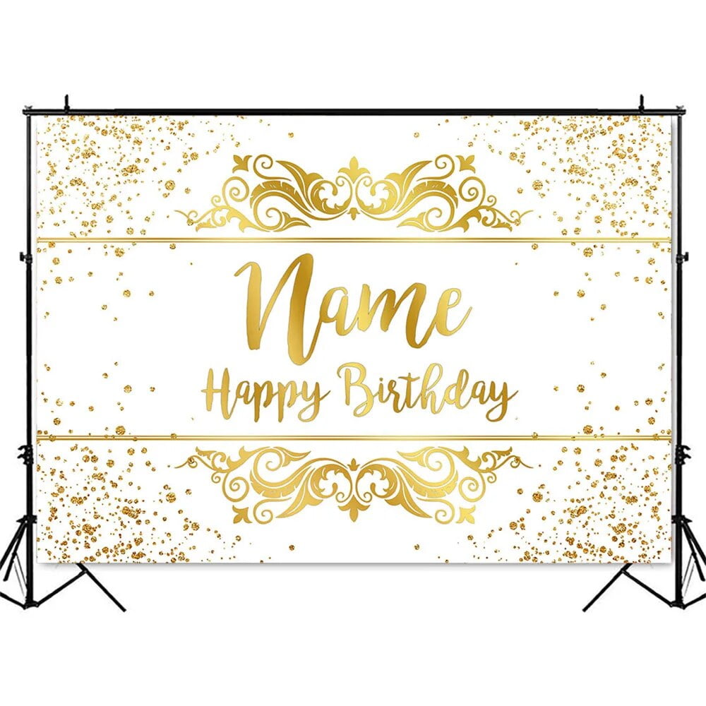 Gold Glitter Birthday Backdrop Name DIY Customize Photo Background White Happy Birthday Party ...