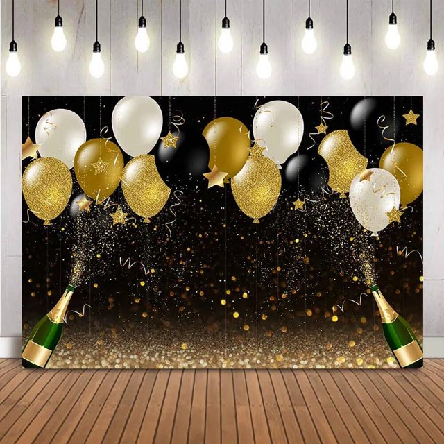 Gold Glitter Birthday Backdrop Party Balloons Champagne Bokeh Glitter Background for Photo ...