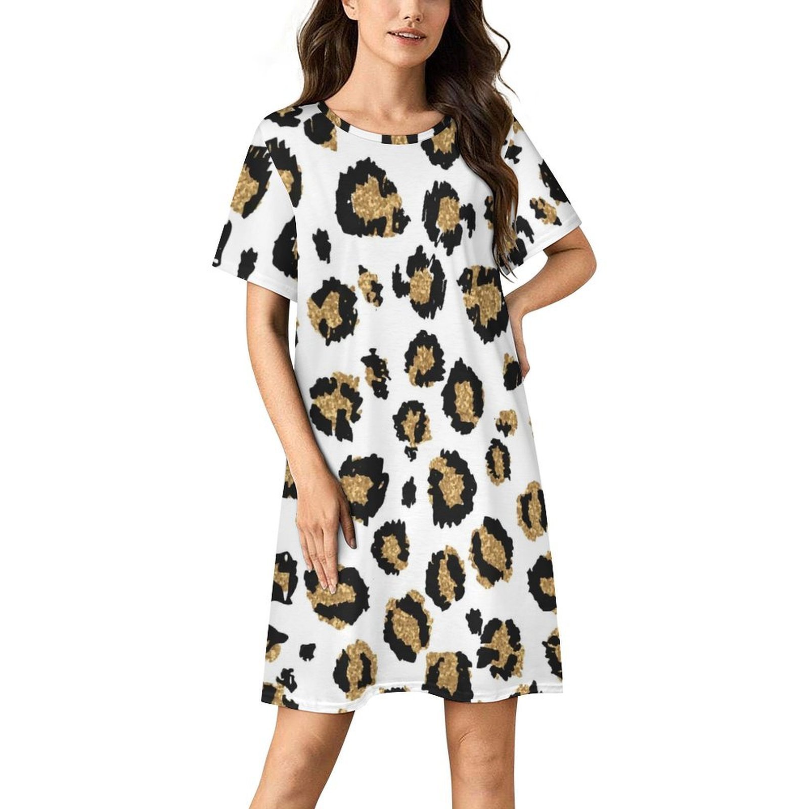 Gold Glitter Black Leopard Animal Print Women Nightgown Sleepwear Short ...