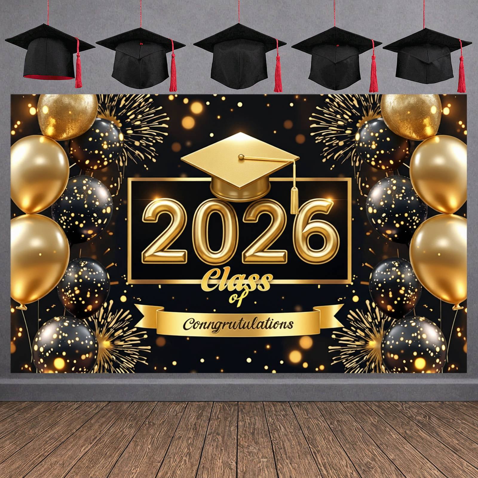 Gold Glitter Congrats Grad Banner Dark Blue Graduation Backdrop 3D ...