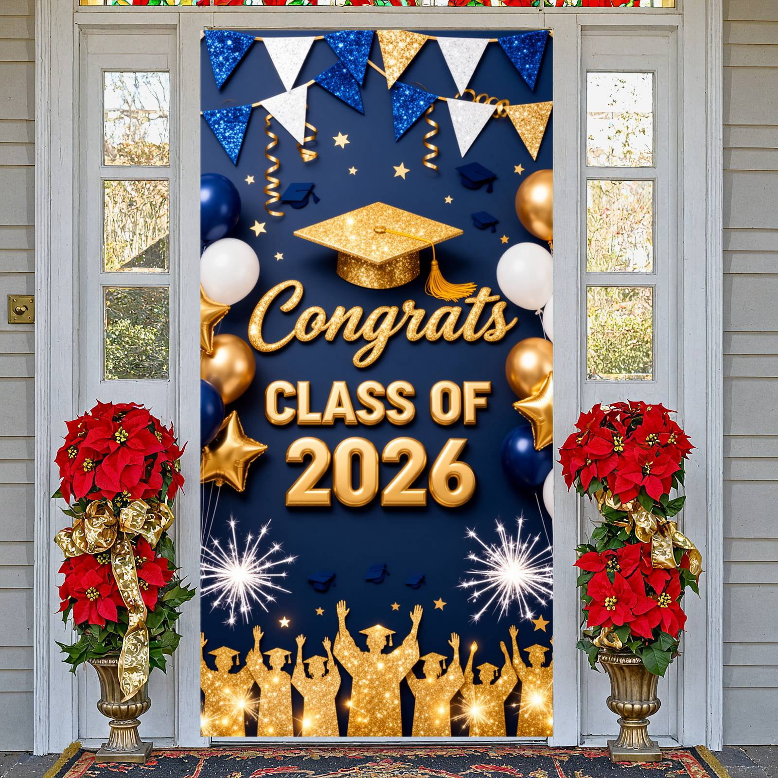 Gold Glitter Congrats Grad Banner Navy Blue Background Class of 2026 ...