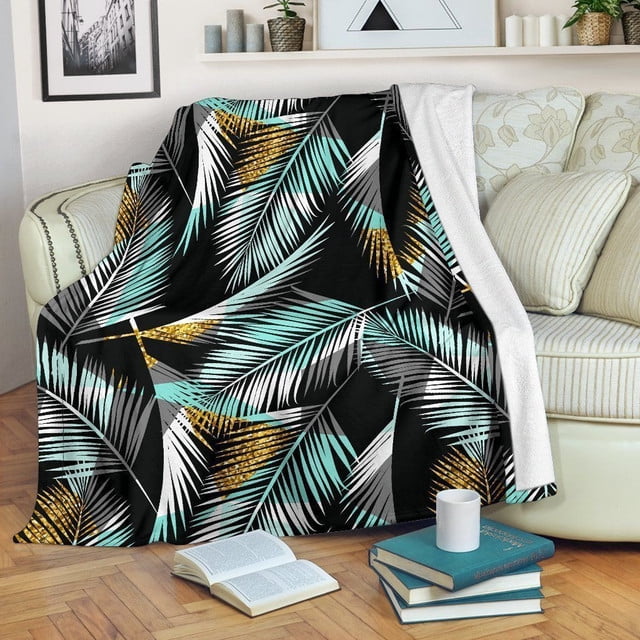 Gold Glitter Cyan Tropical Palm Leaves Soft Fleece Blanket - Walmart.com