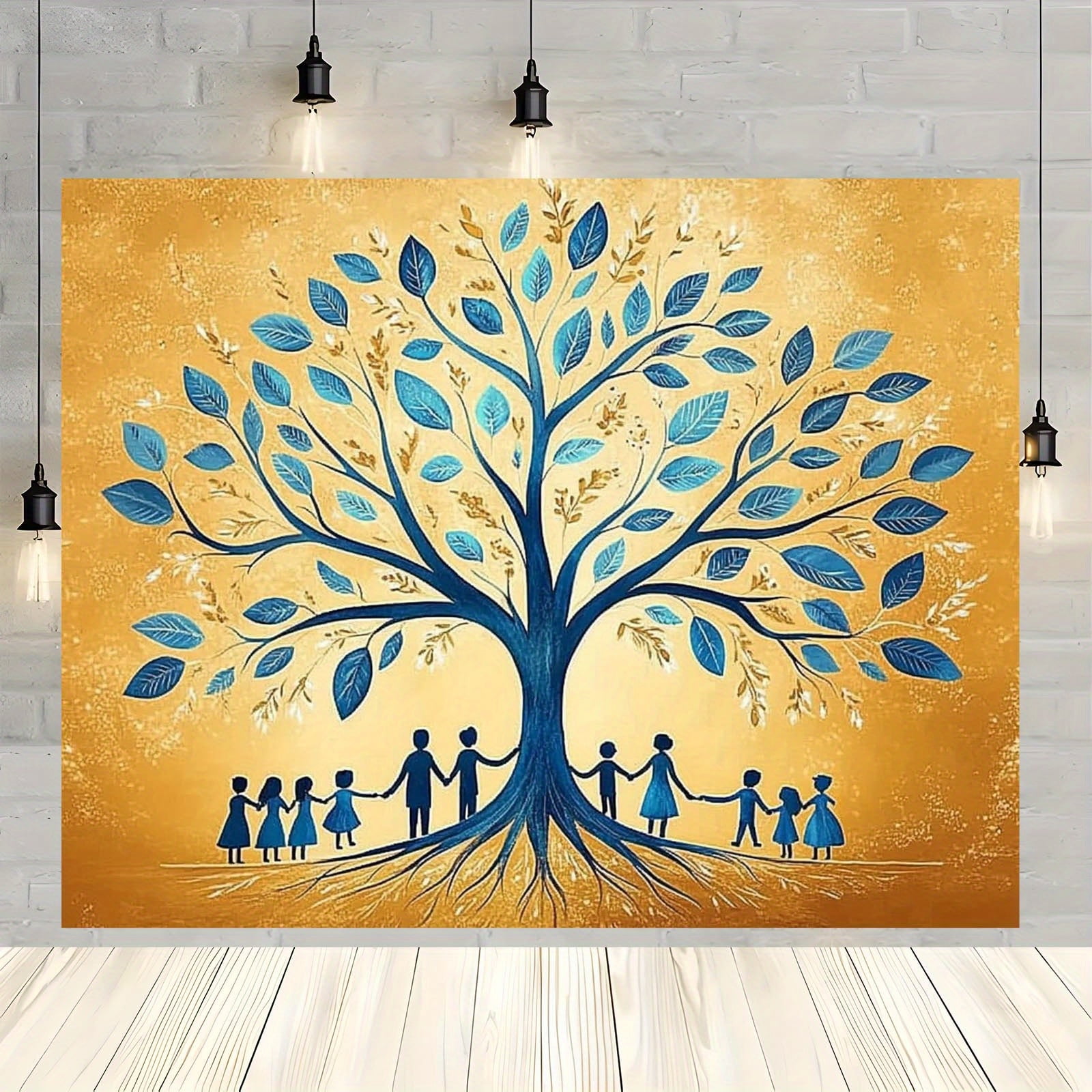 Gold Glitter Family Tree Backdrop Golden Blue Leaves Family Reunion ...