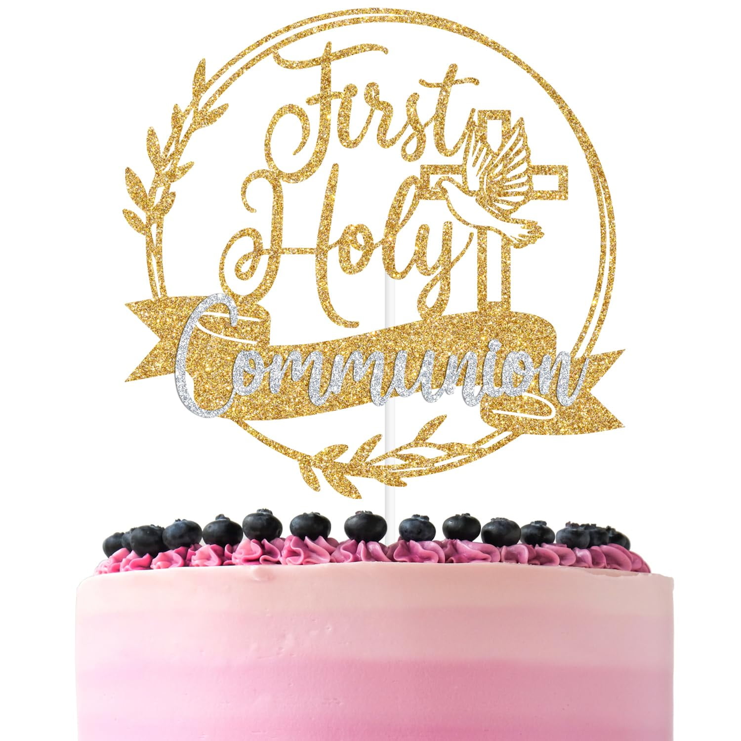 Gold Glitter First FEV6 Holy Communion Cake Topper, God Bless/Mi ...