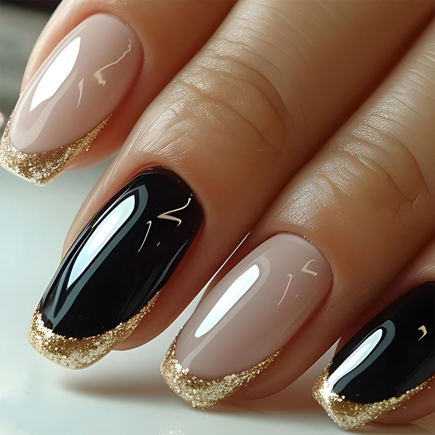 Gold Glitter French Tip Press on Nails Medium Square Fake Glue on Nails ...