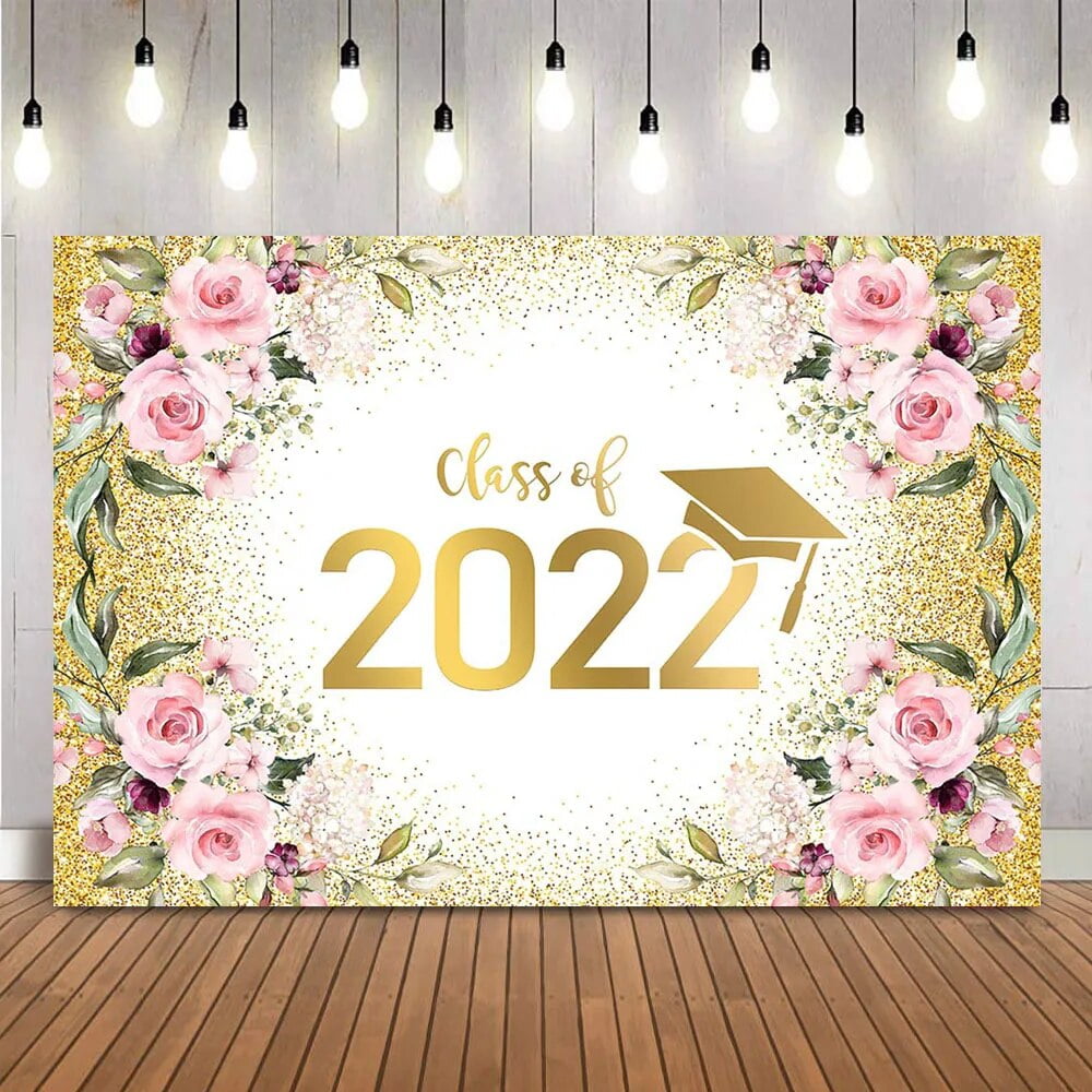 Gold Glitter Graduation Backdrop Class of 2022 Pink Flowers Photo ...