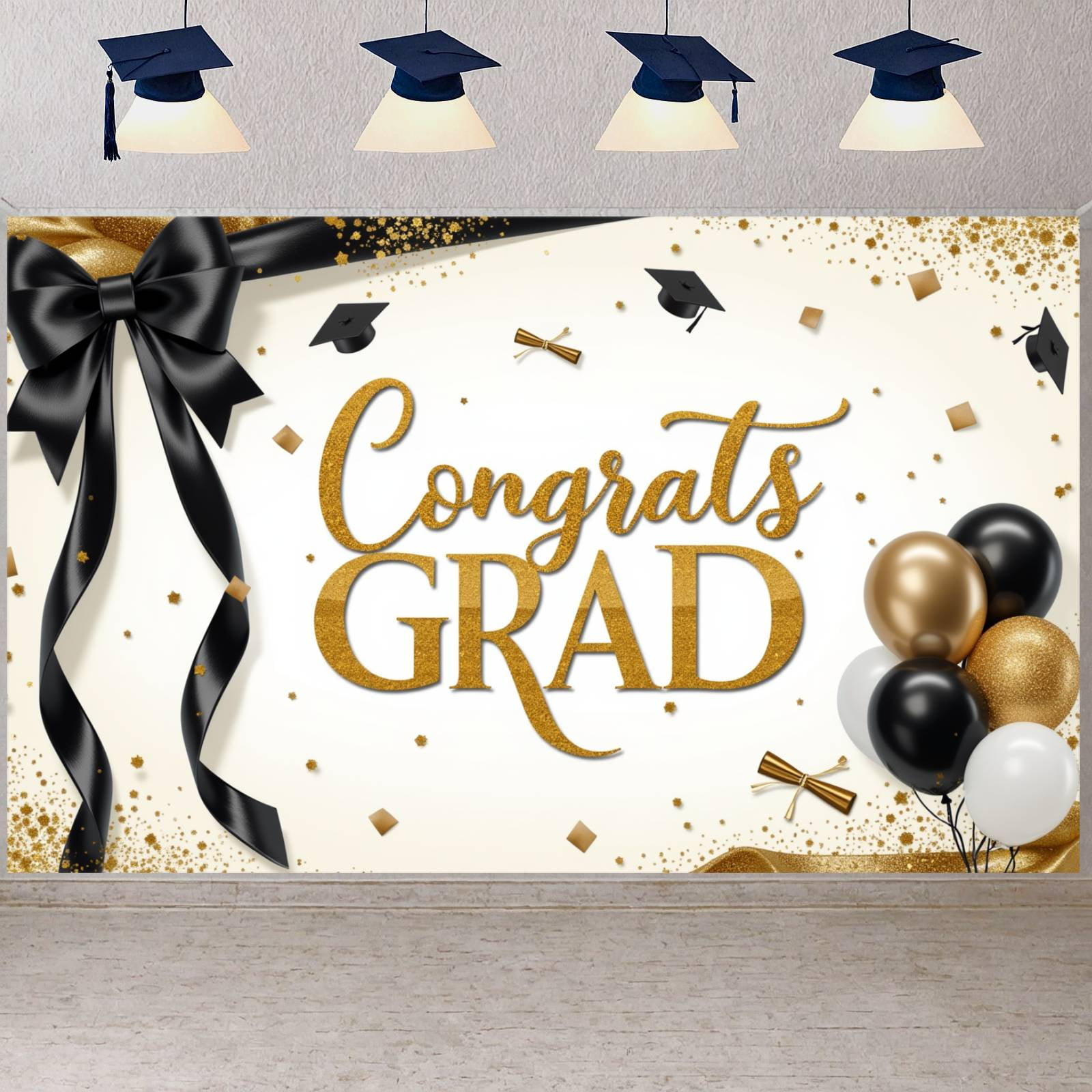 Gold Glitter Graduation Banner Black Ribbon Graduation Backdrop White ...