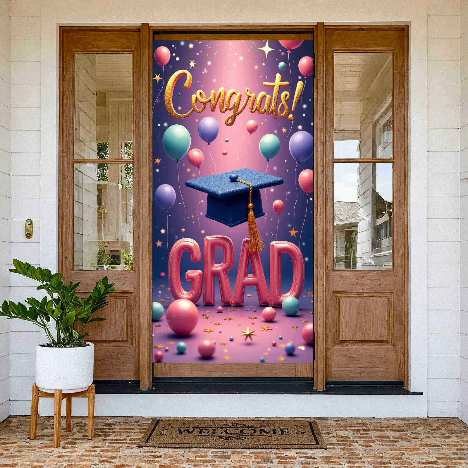 Gold Glitter Graduation Banner Colorful Balloons Grad Backdrop Blue ...