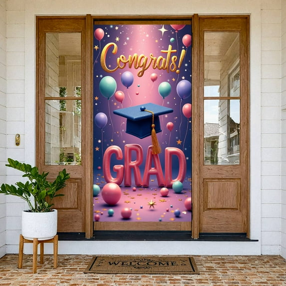 Gold Glitter Graduation Banner Colorful Balloons Grad Backdrop Blue ...