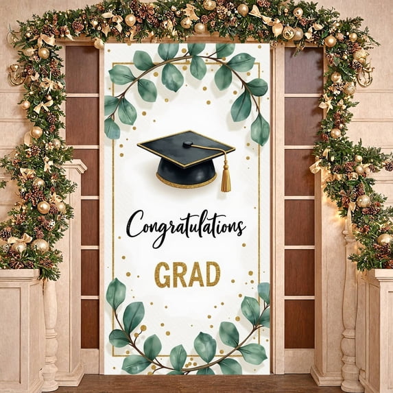 Gold Glitter Graduation Banner Eucalyptus Greenery Graduation Backdrop ...