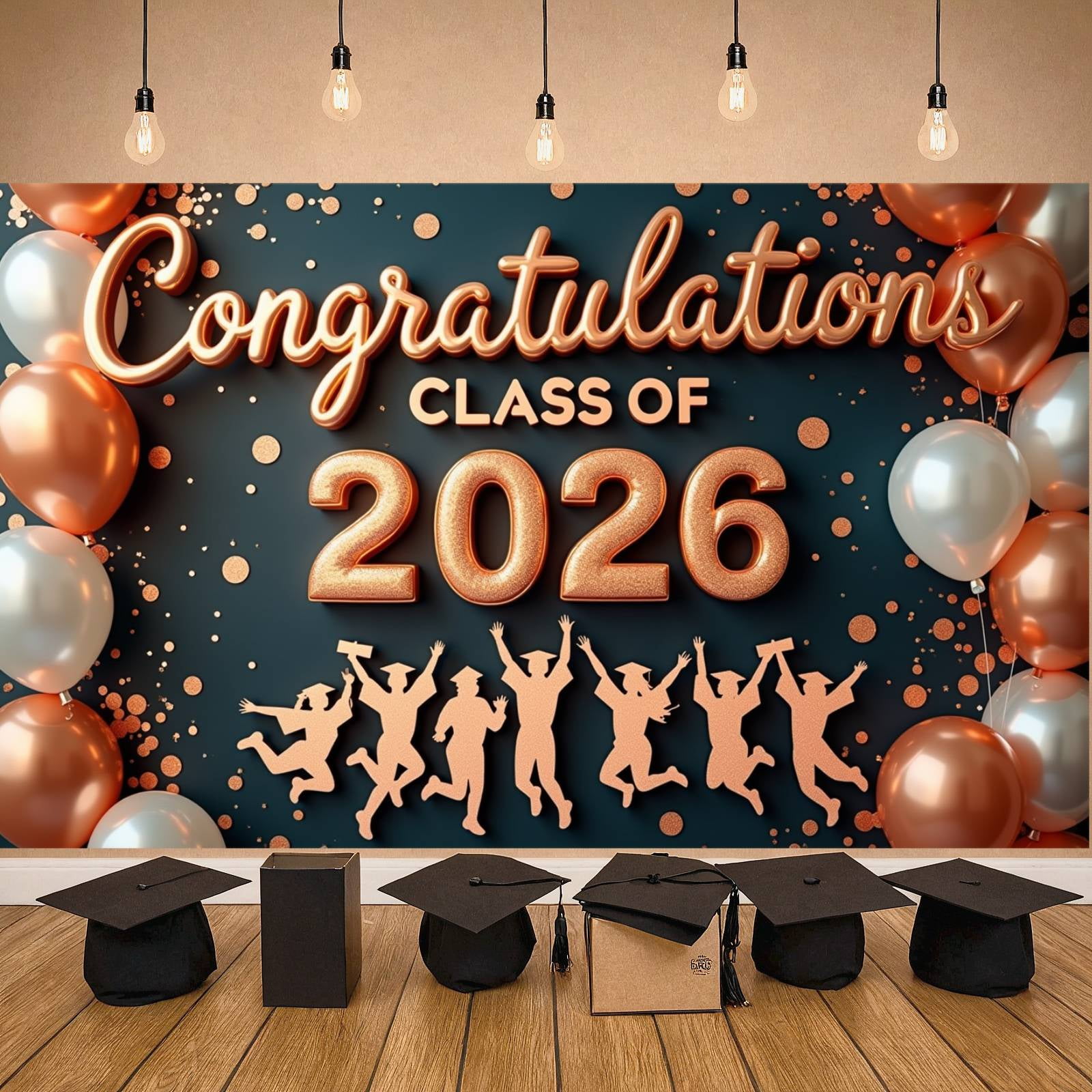 Gold Glitter Graduation Banner Silver Balloons Class of 2026 Banner ...