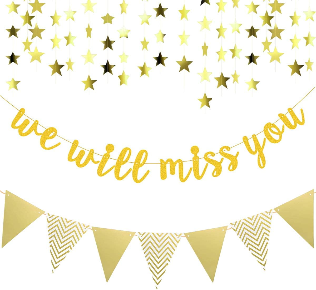 Gold Glitter Graduation Banner We Will Miss You and Triangle Flag ...