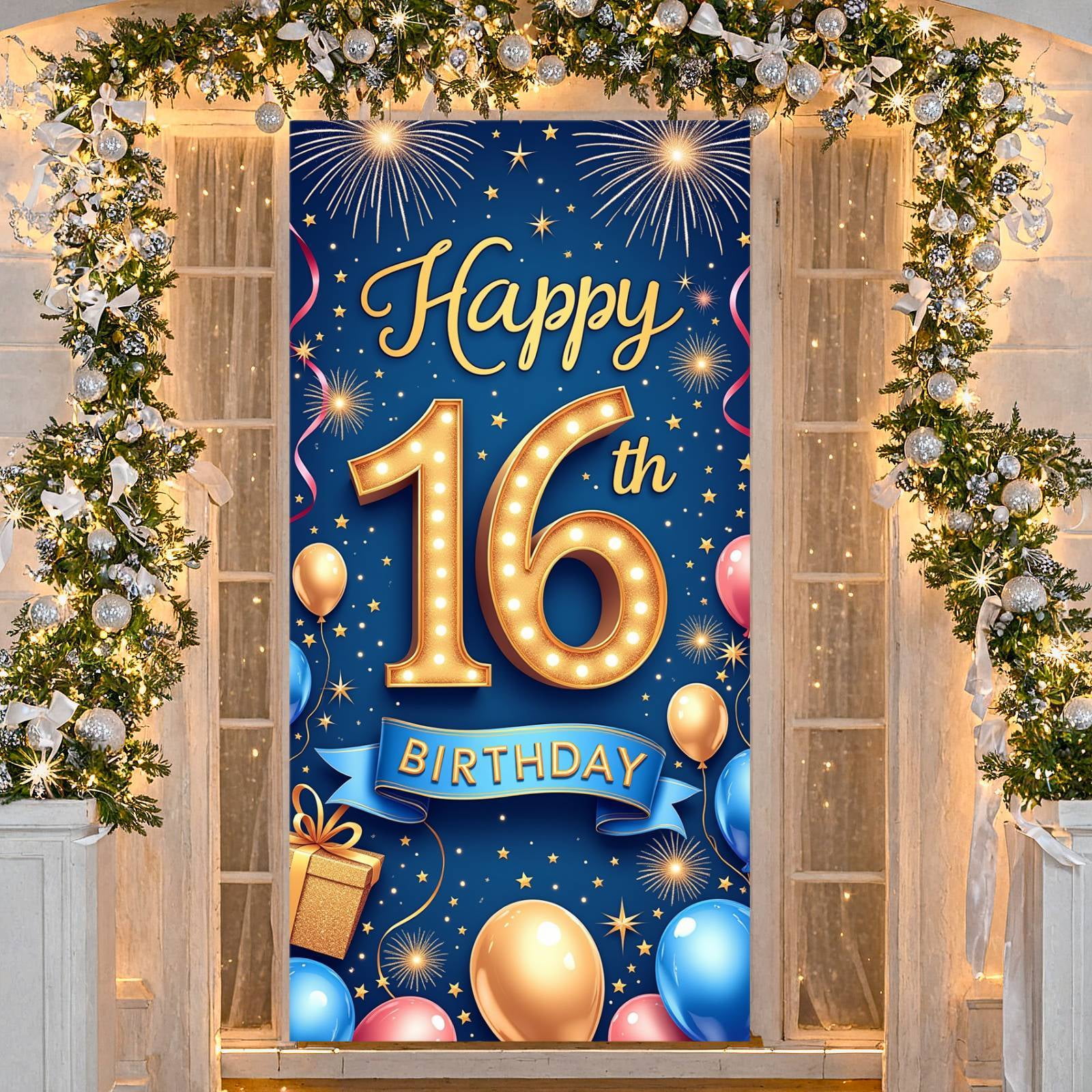 Gold Glitter Happy 16th Banner Blue Theme Sweet 16 Display Sparkling ...