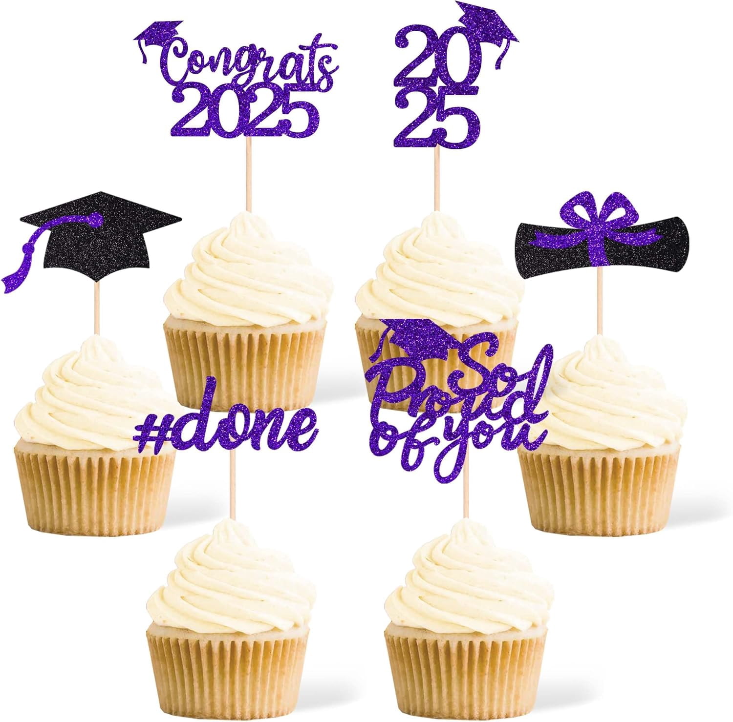 36 pcs Class of 2025 Graduation Cupcake Toppers, Purple Glitter Double ...