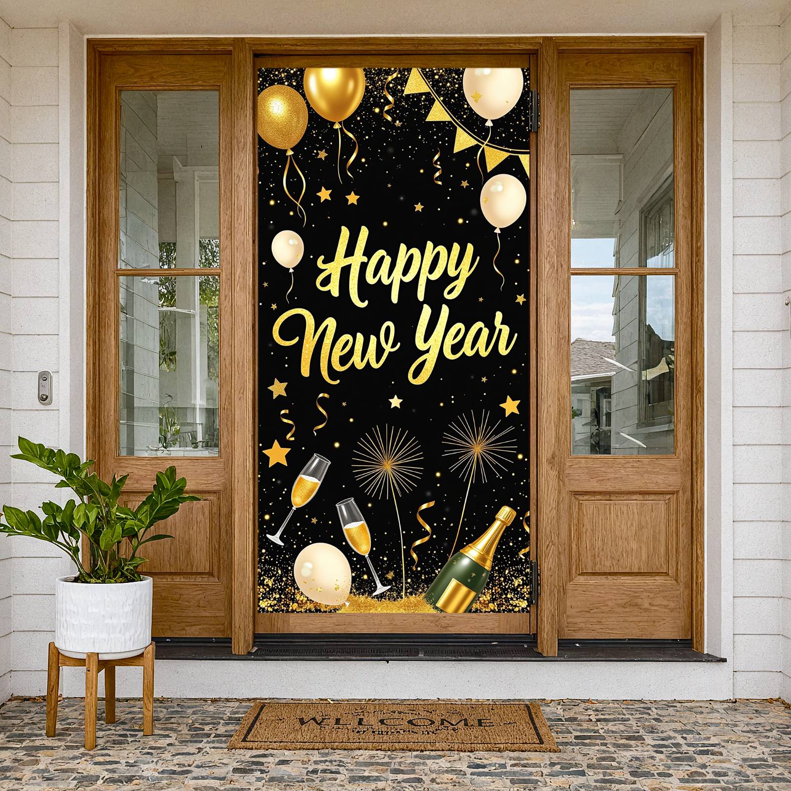 Gold Glitter Happy New Year Banner Black Background Festive Backdrop ...