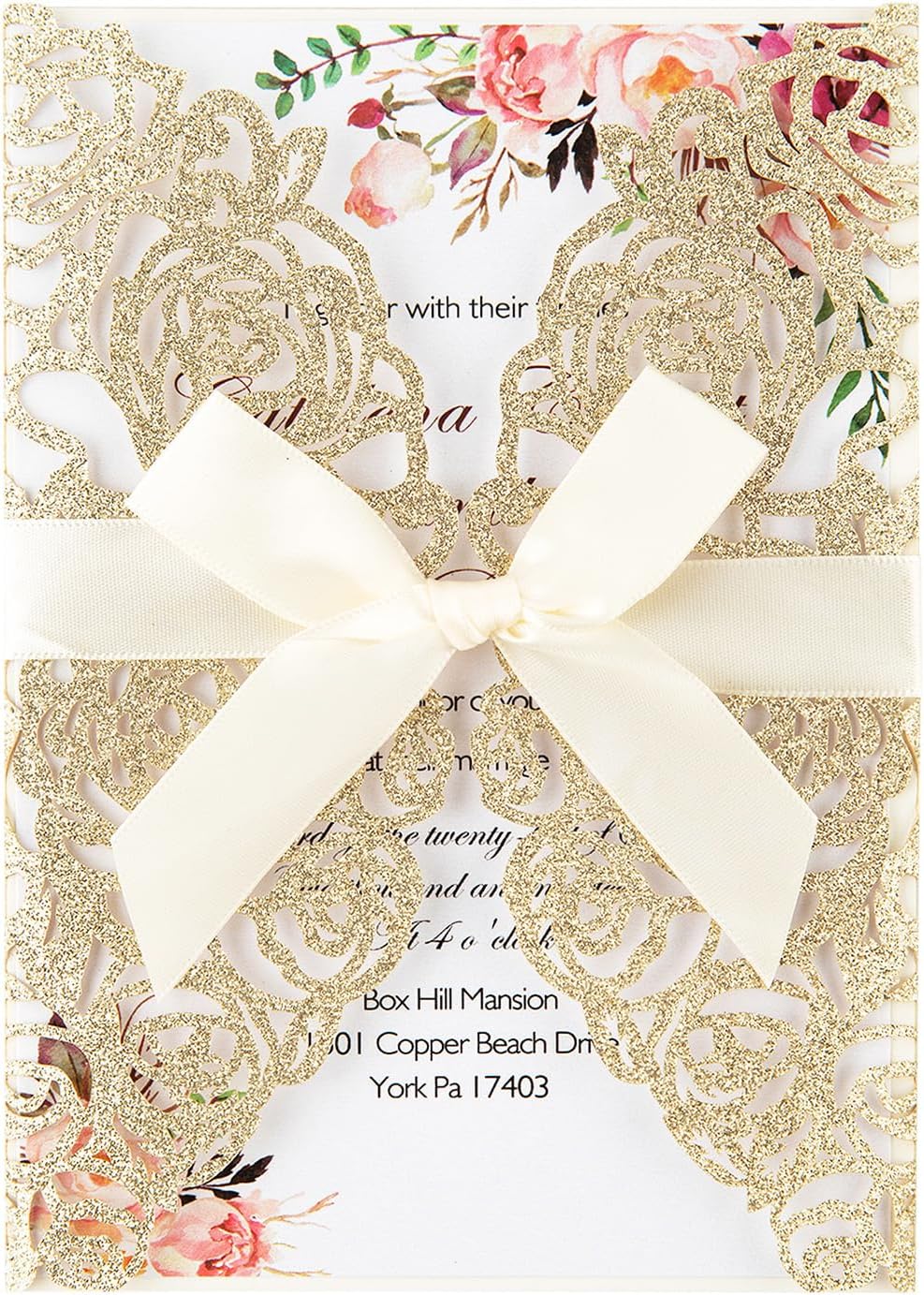 Gold Glitter Laser Cut Invitation Pockets Rose Personalized Blank ...