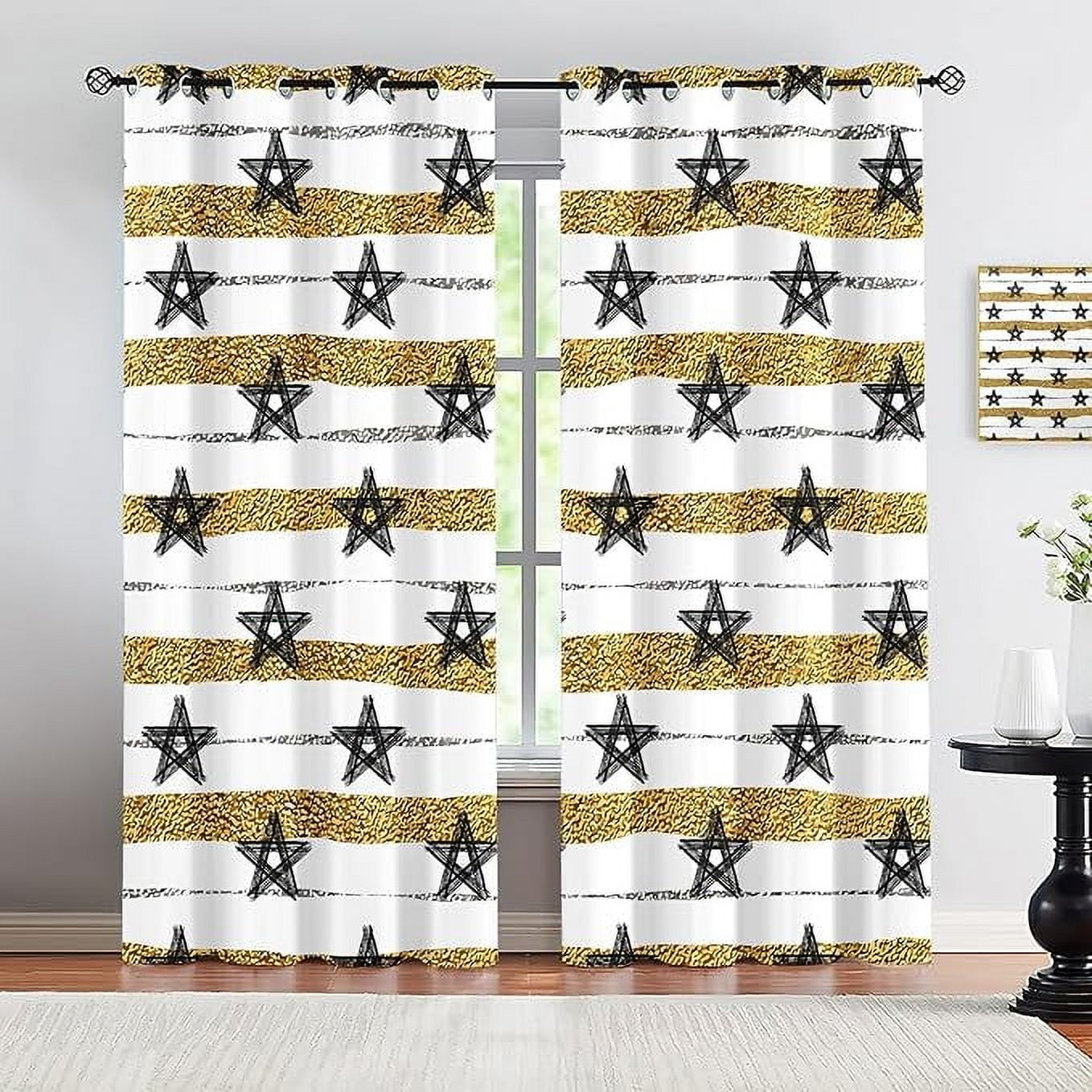 Gold Glitter Lines Blackout Window Curtain, Sparkling Stars Easy Clean ...